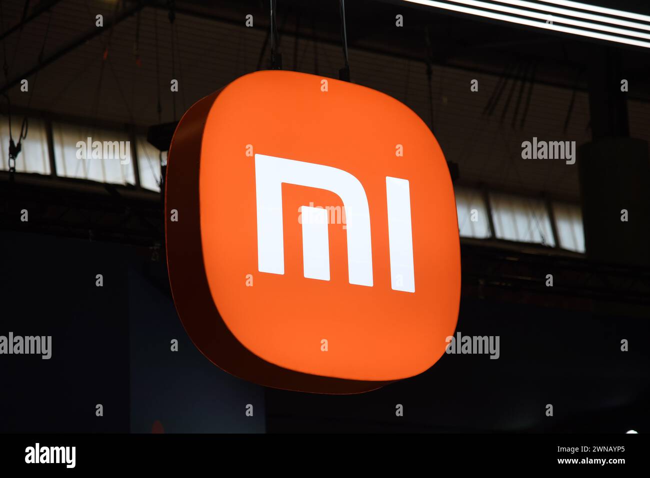 A view of the logo of the Chinese company Xiaomi at the Mobile World Congress 2024. Logos of ...
