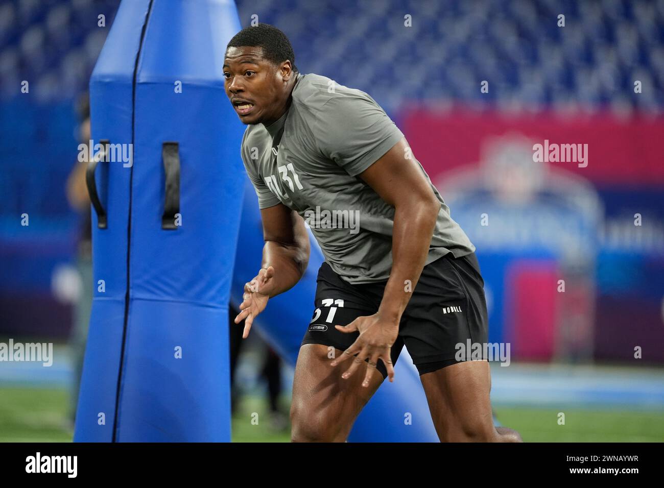 Texas Tech defensive lineman Myles Cole runs a drill at the NFL ...