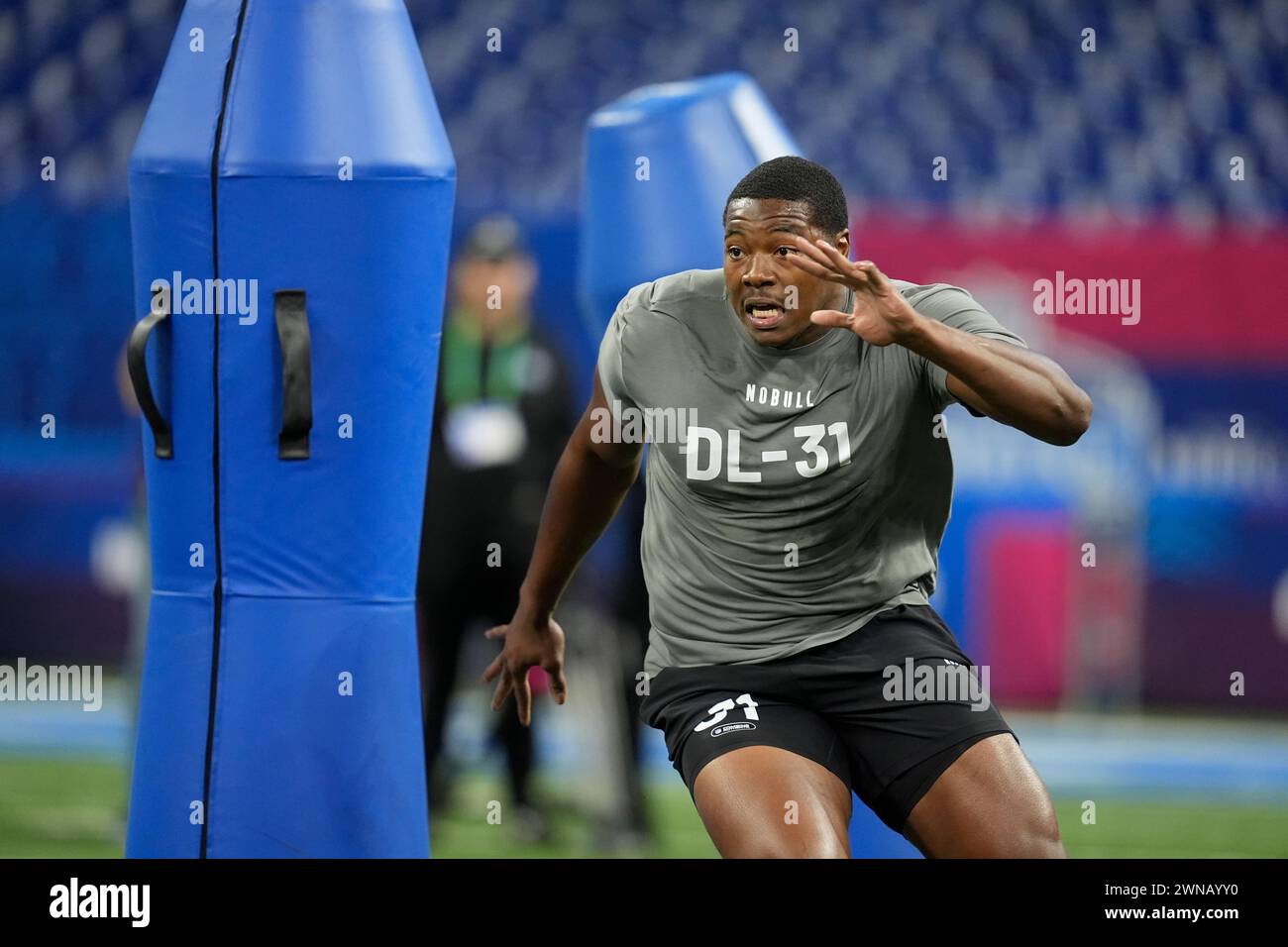 Texas Tech defensive lineman Myles Cole runs a drill at the NFL ...