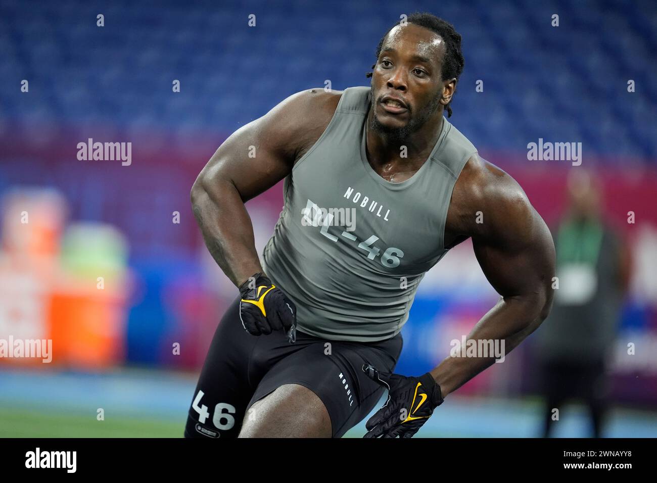 Missouri defensive lineman Darius Robinson runs a drill at the NFL ...
