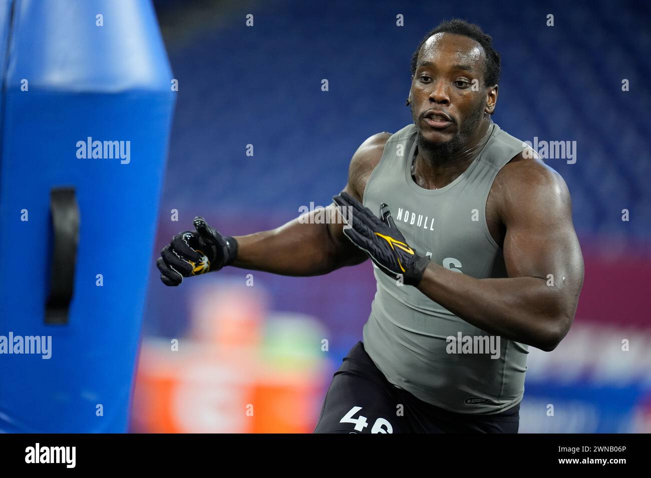 Missouri defensive lineman Darius Robinson runs a drill at the NFL ...