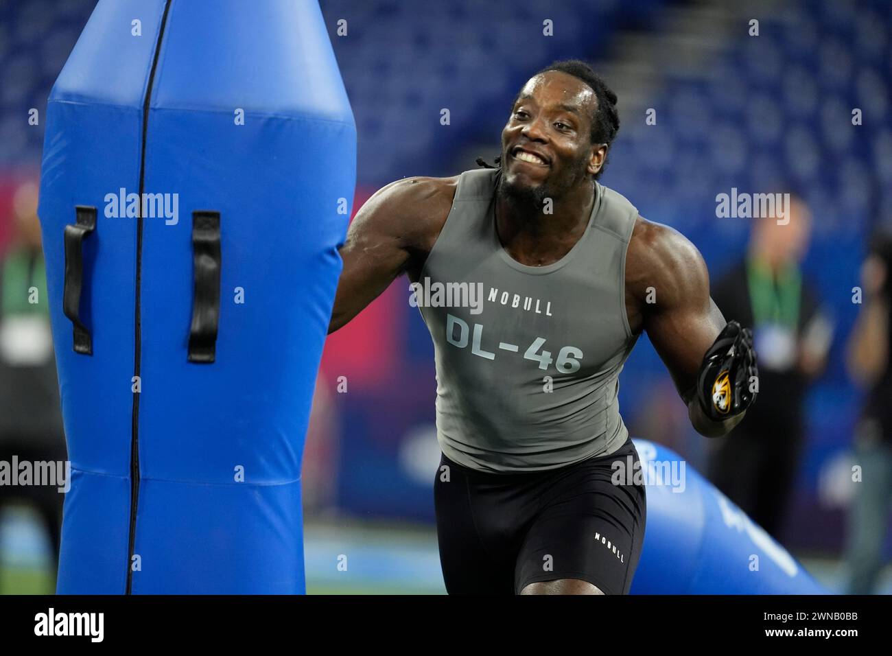Missouri defensive lineman Darius Robinson runs a drill at the NFL ...