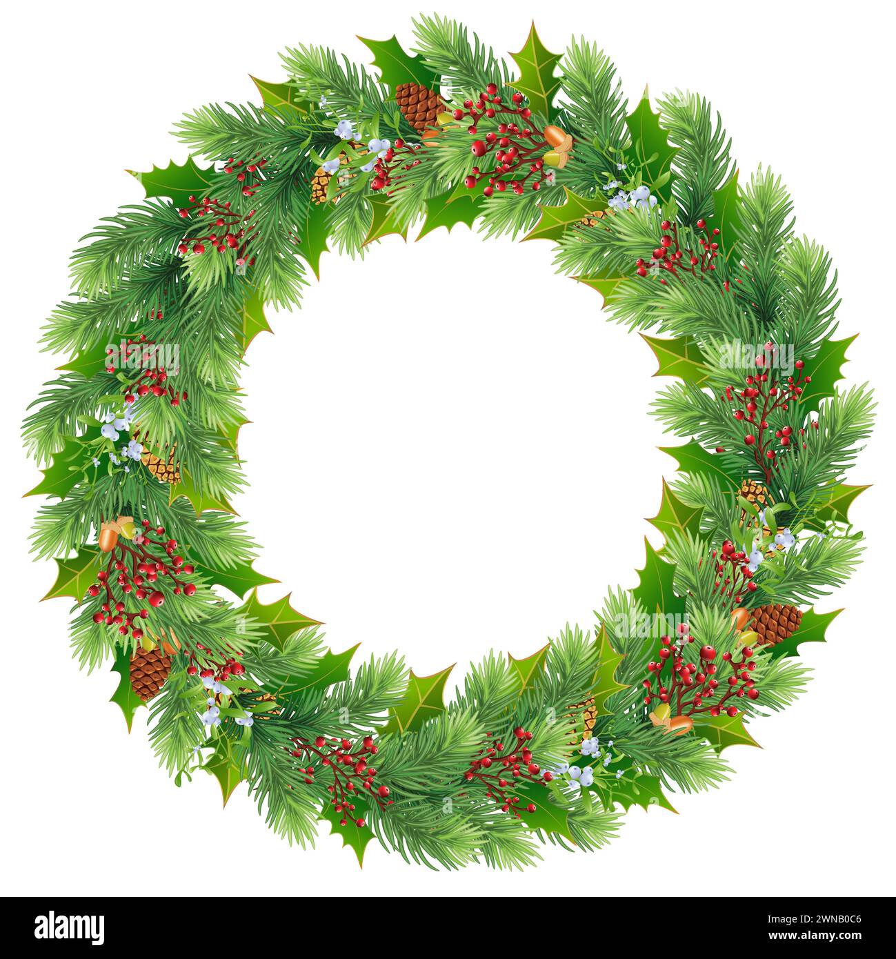 Christmas wreath. Beautiful evergreen wreath of fir branches and holly ...