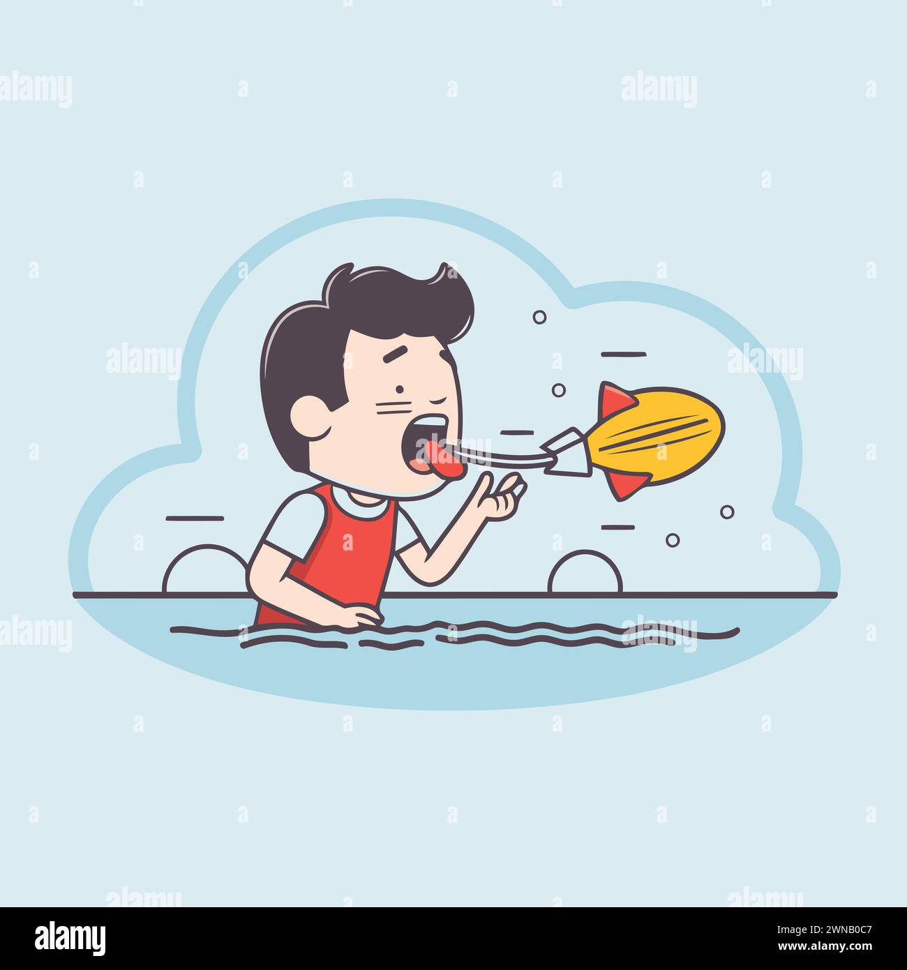 Man eating fish in the sea. Vector thin line cartoon illustration Stock ...
