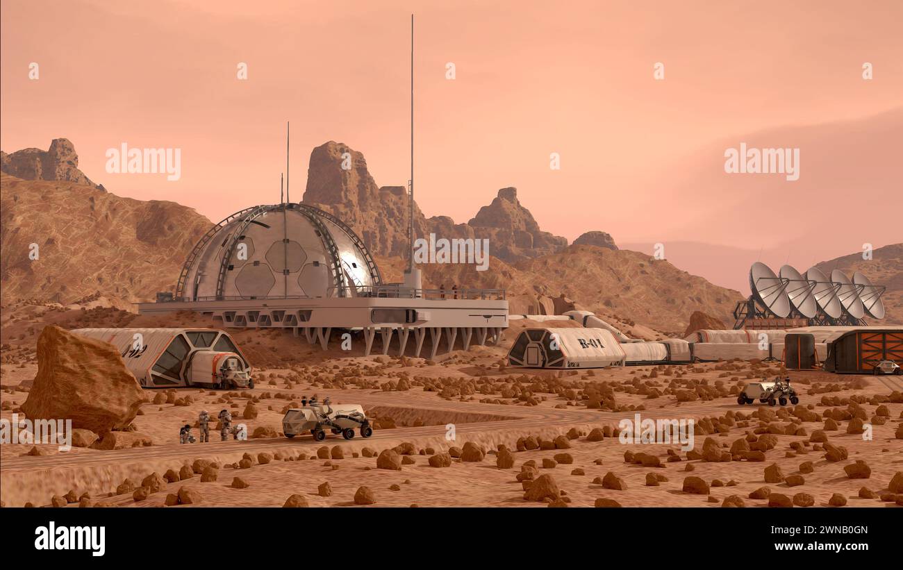 Mars colony base camp, with habitation domes, rovers, communication ...