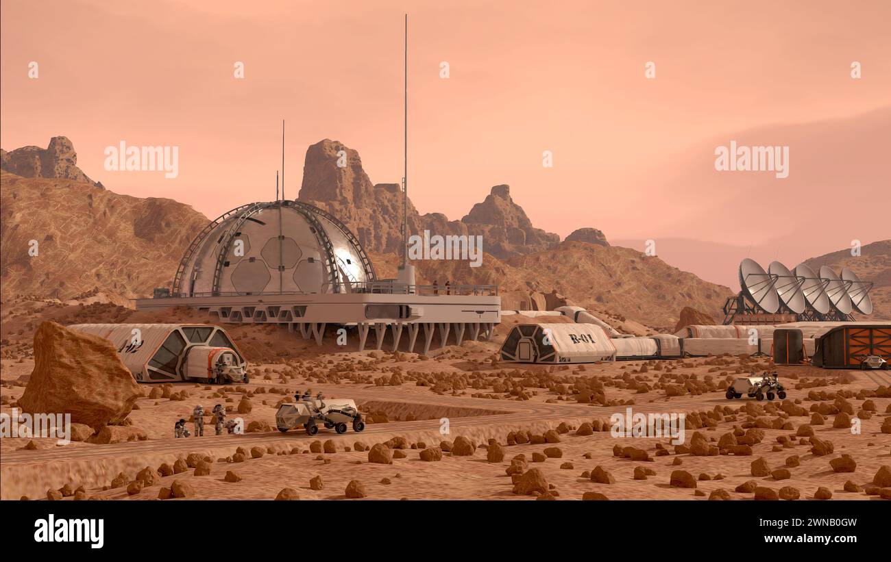 Mars colony base camp, with habitation domes, rovers, communication ...