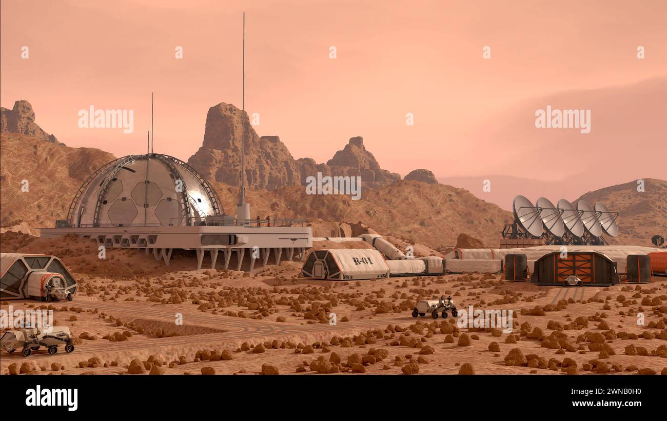 Mars colony base camp, with habitation domes, rovers, research ...