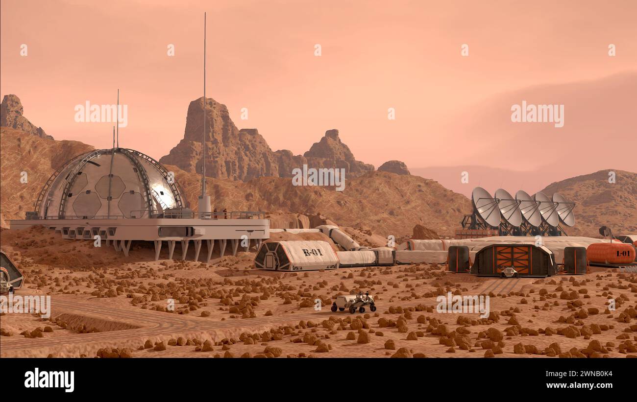 Mars colony base camp, with habitation domes, rovers, research ...