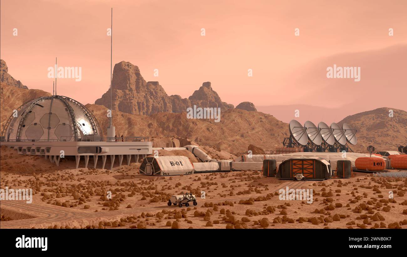 Mars colony base camp, with habitation domes, rovers, research ...