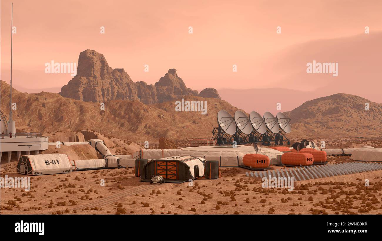 Mars colony base camp, with habitation domes, rovers, research ...