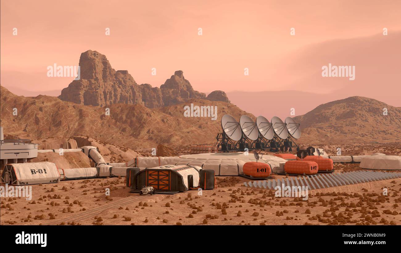 Mars colony base camp, with habitation domes, rovers, research ...