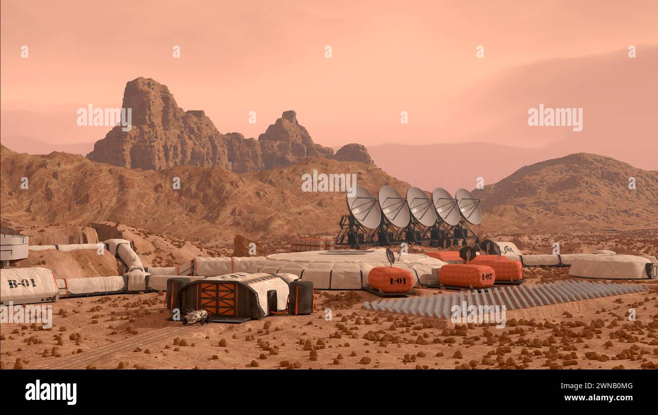 Mars colony base camp, with habitation domes, rovers, research ...