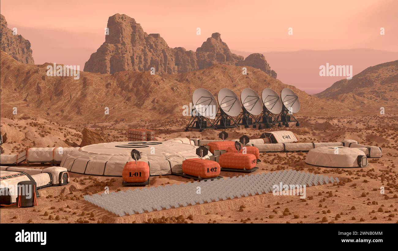 Mars colony base camp, with habitation domes, rovers, research ...