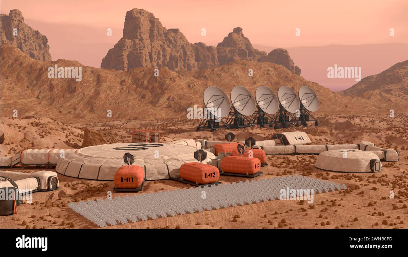 Mars colony base camp, with habitation domes, rovers, research ...