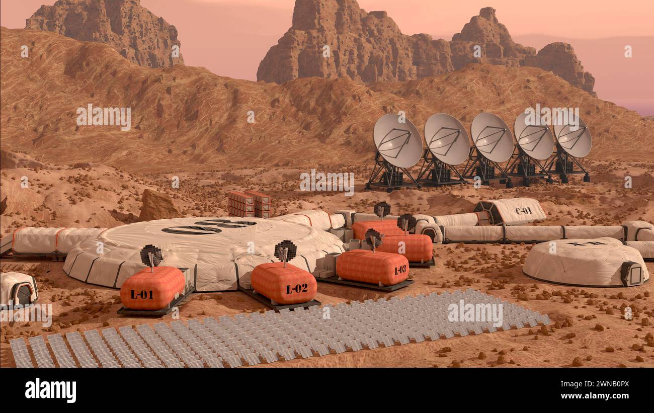 Mars colony base camp, with habitation domes, rovers, research facilities, labs, and ...