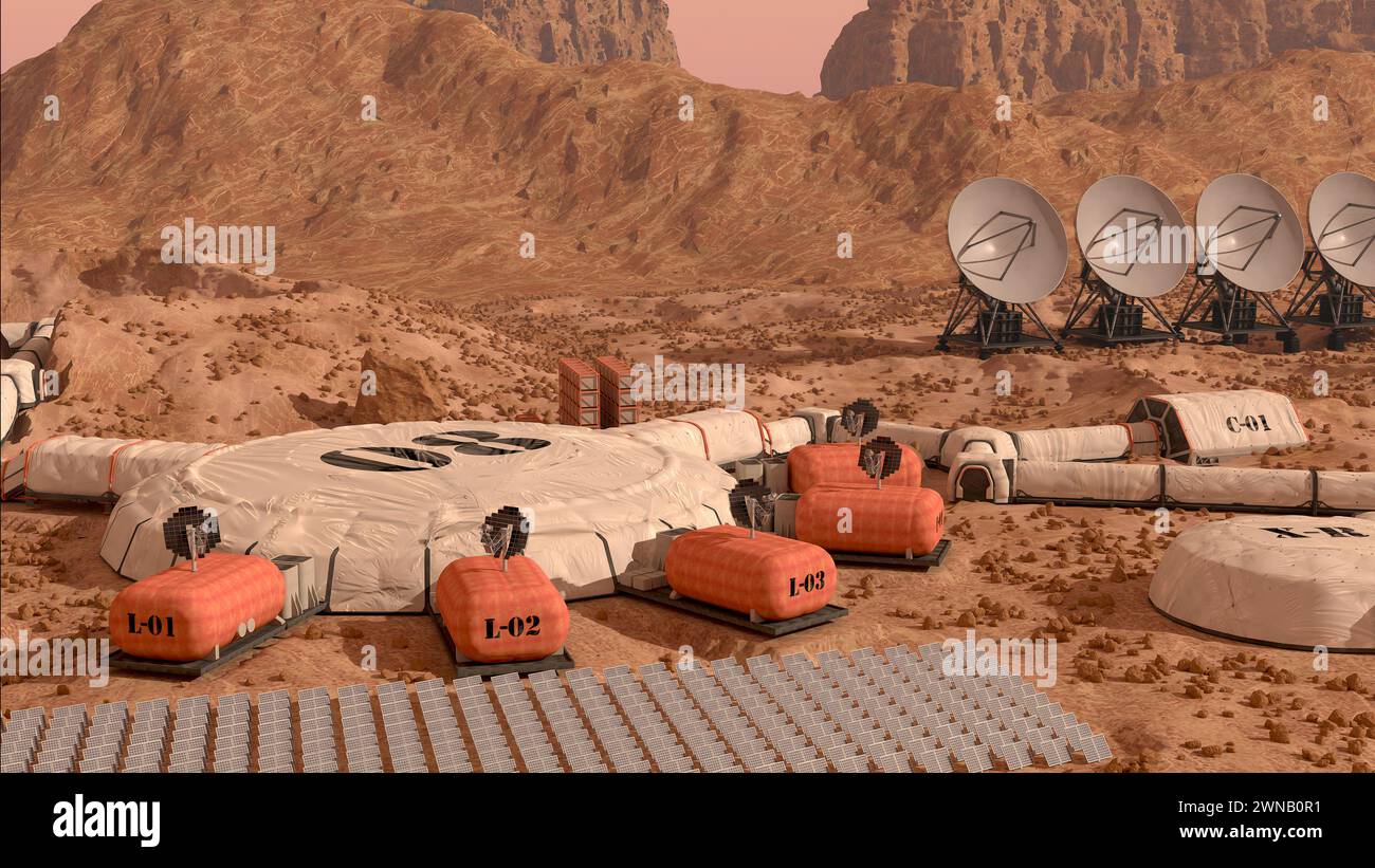 Mars colony base camp, with habitation domes, rovers, research ...