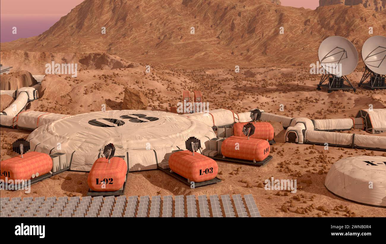 Mars colony base camp, with habitation domes, rovers, research ...