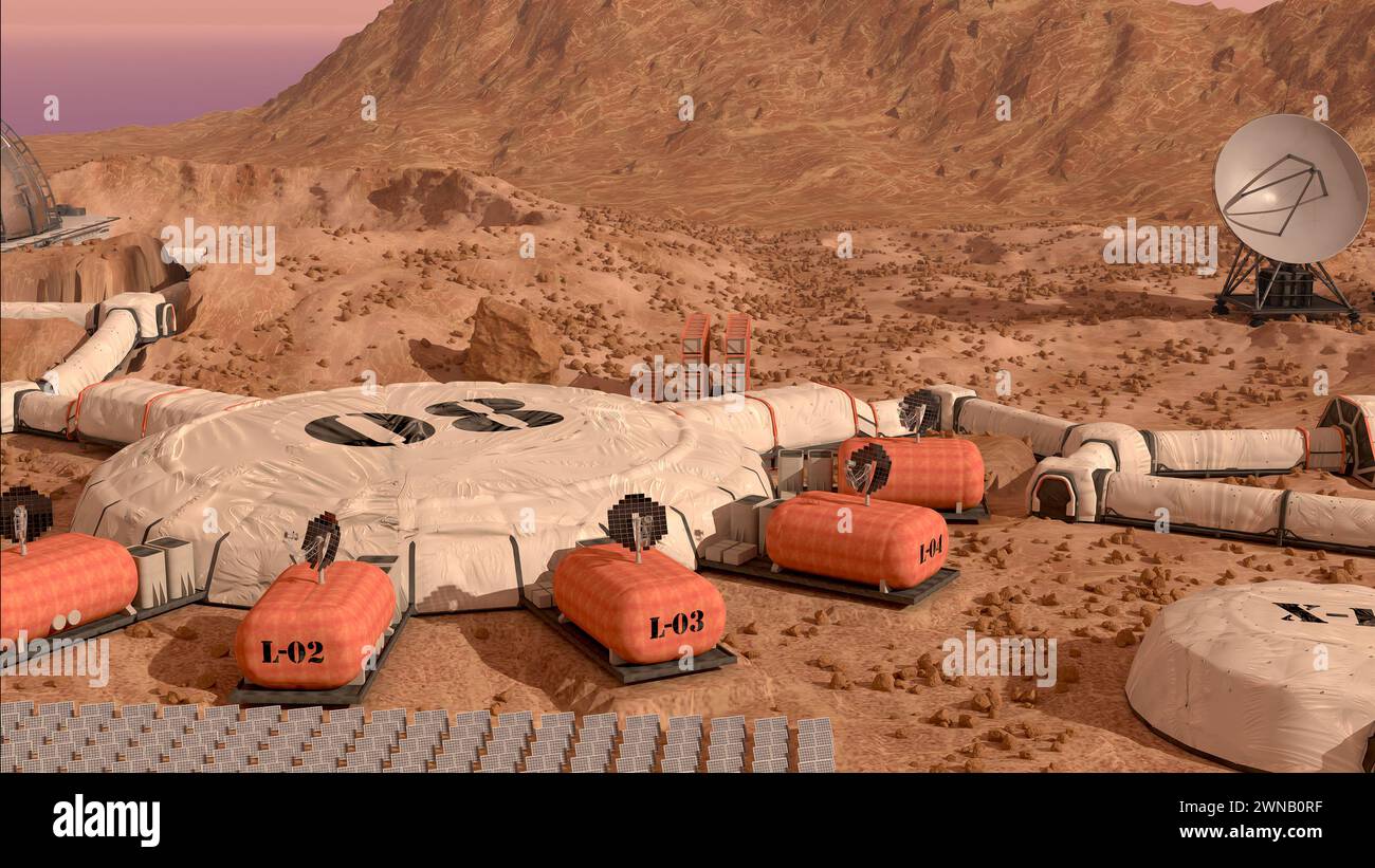 Mars colony base camp, with habitation domes, rovers, research ...