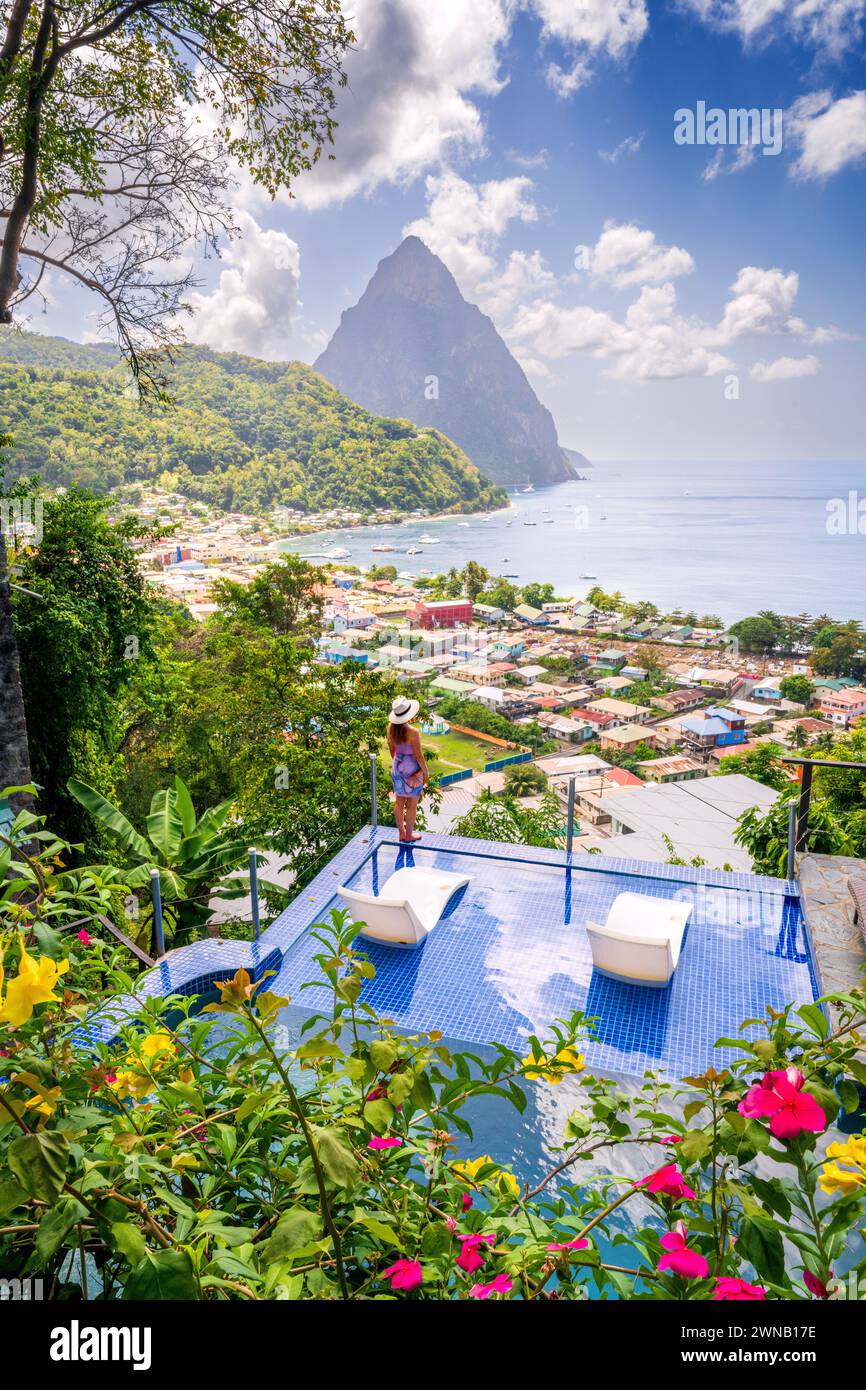 Woman enjoying Piton Mountain Views from Green Fig Resort Soufriere ...