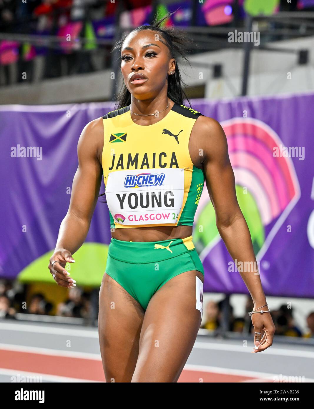 Glasgow, Scotland, UK. 01st Mar, 2024. Charokee YOUNG (JAM) prepares for her Womens 400m heat ...