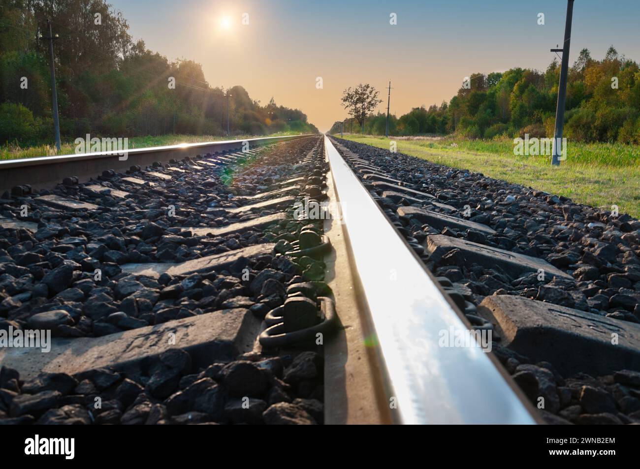 Railroad tracks stretching into the distance. The horizon is flooded with sunlight Stock Photo ...