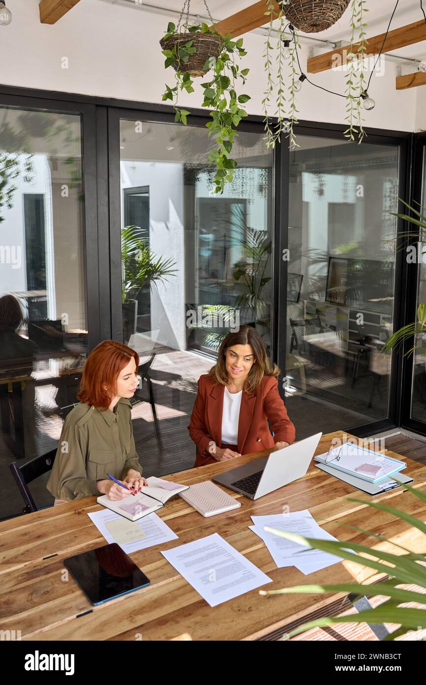 Two busy business women talking working at desk in green office. Top ...
