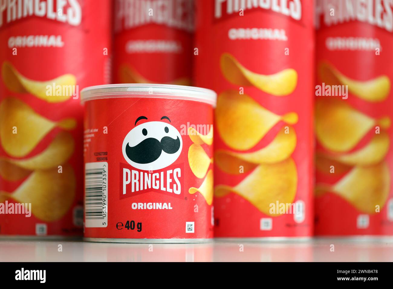 KYIV, UKRAINE - FEBRUARY 27, 2024 Pringles original potato chips on ...