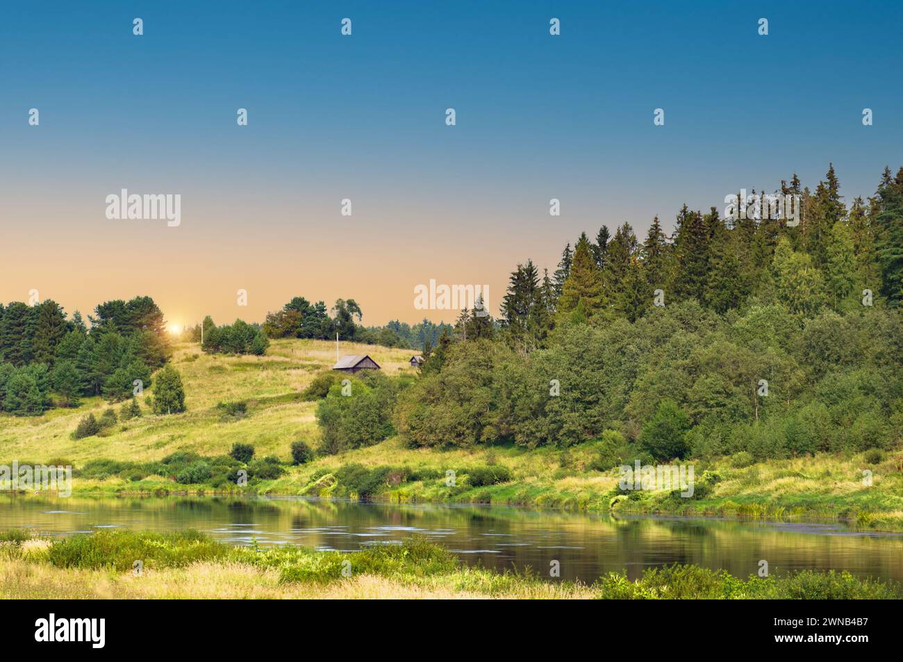 Europe, Russia, Tver region. Wooded bank of the Volga river. The upper ...
