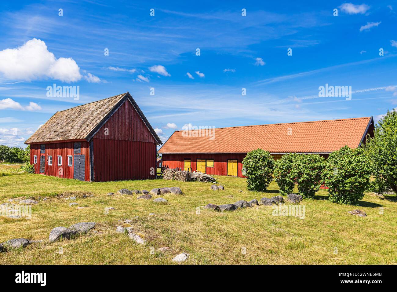 Red wooden buildings on the island Slado in Sweden Stock Photo - Alamy