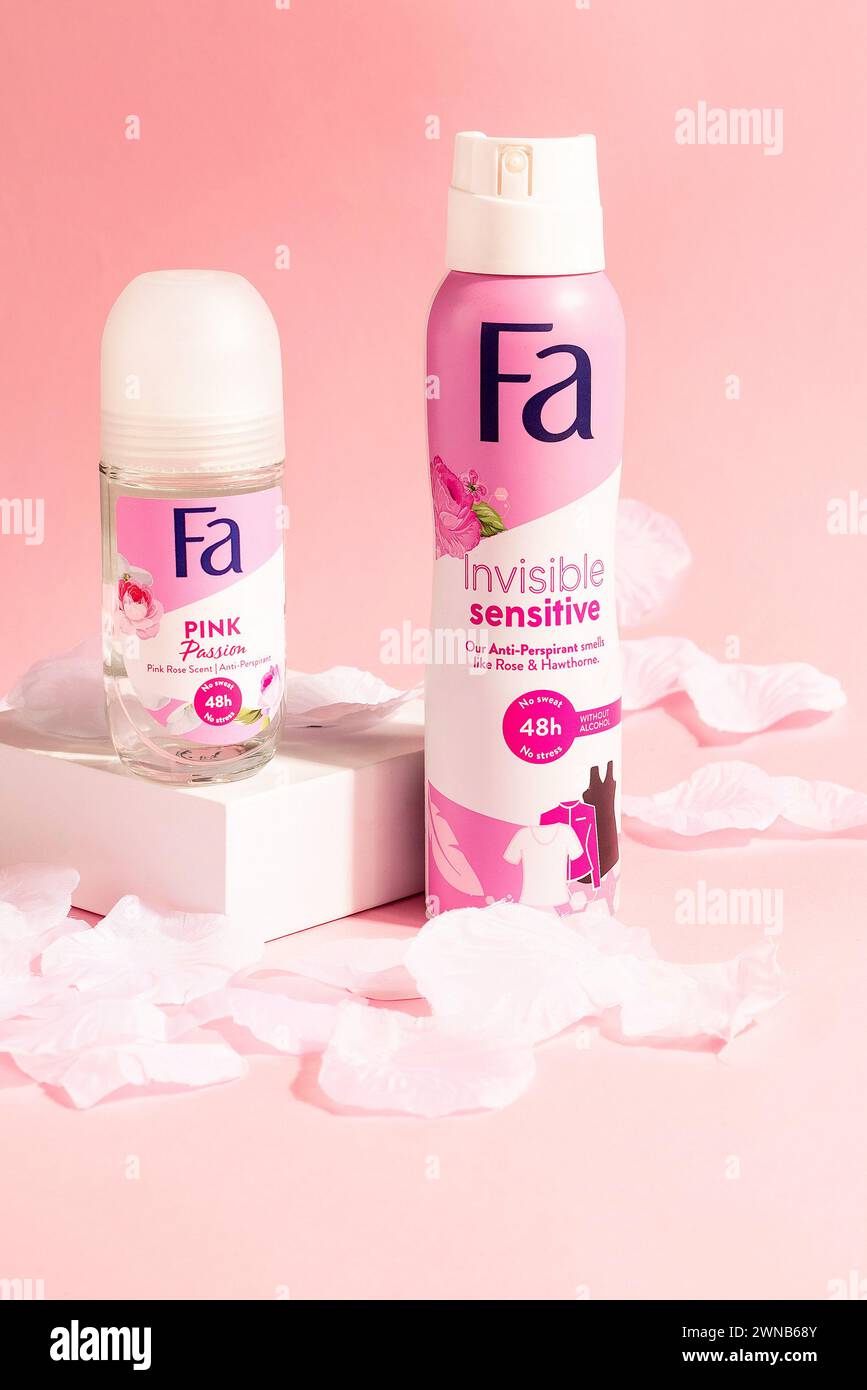 Kyiv, Ukraine - February 10, 2024 Bottle deodorants of Fa Get Spiritual ...