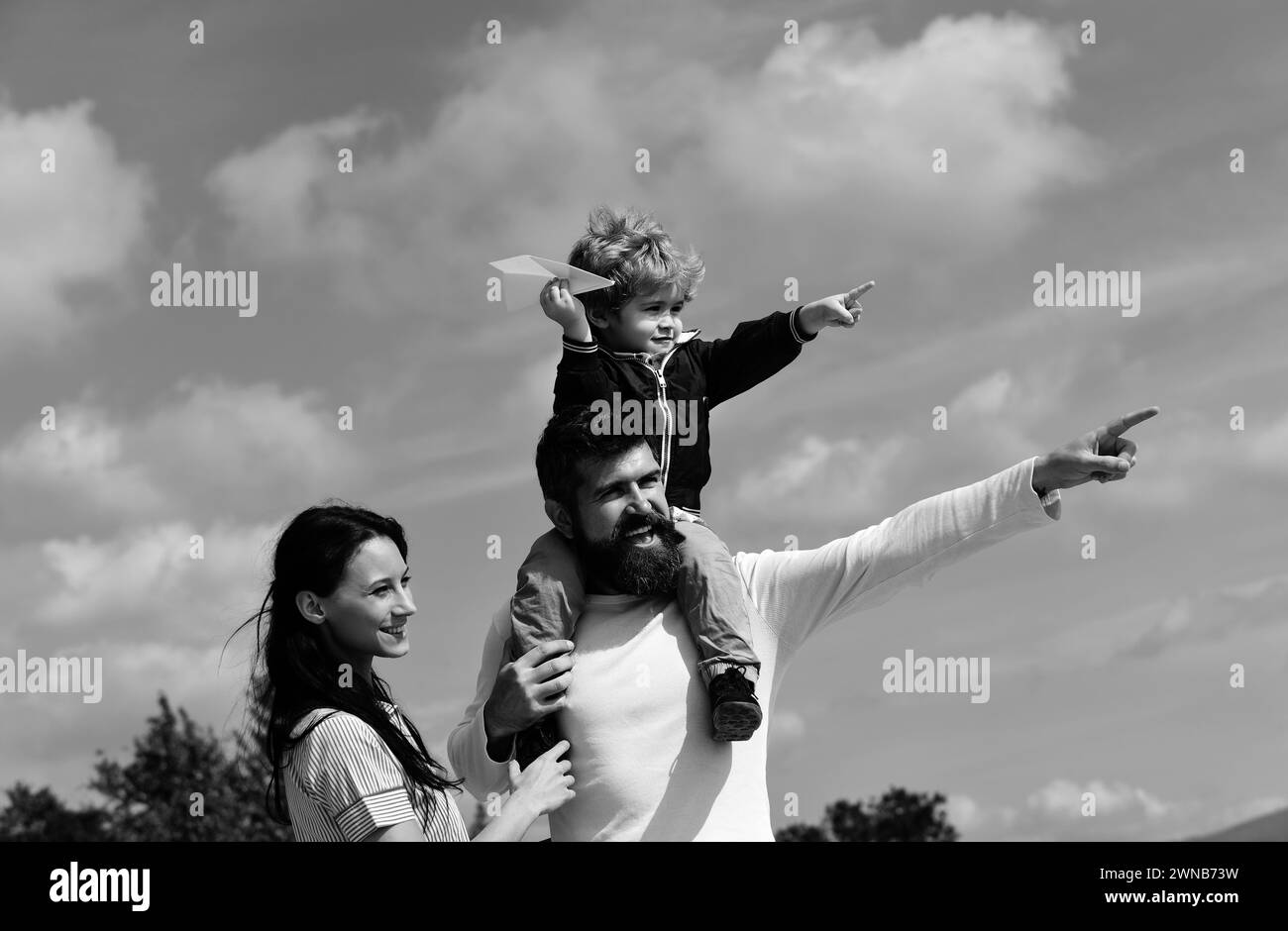 Happy family father and child on meadow with a kite in the summer on ...