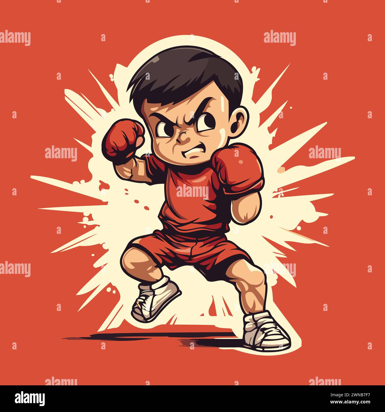 Vector illustration of a cartoon boxer man in red sportswear kicking ...