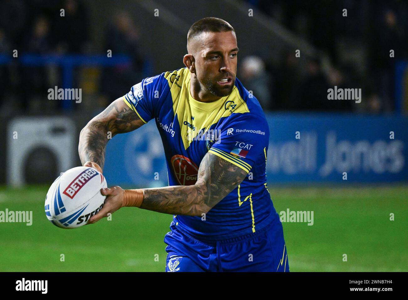 Paul Vaughan of Warrington Wolves in the pregame warmup session during ...