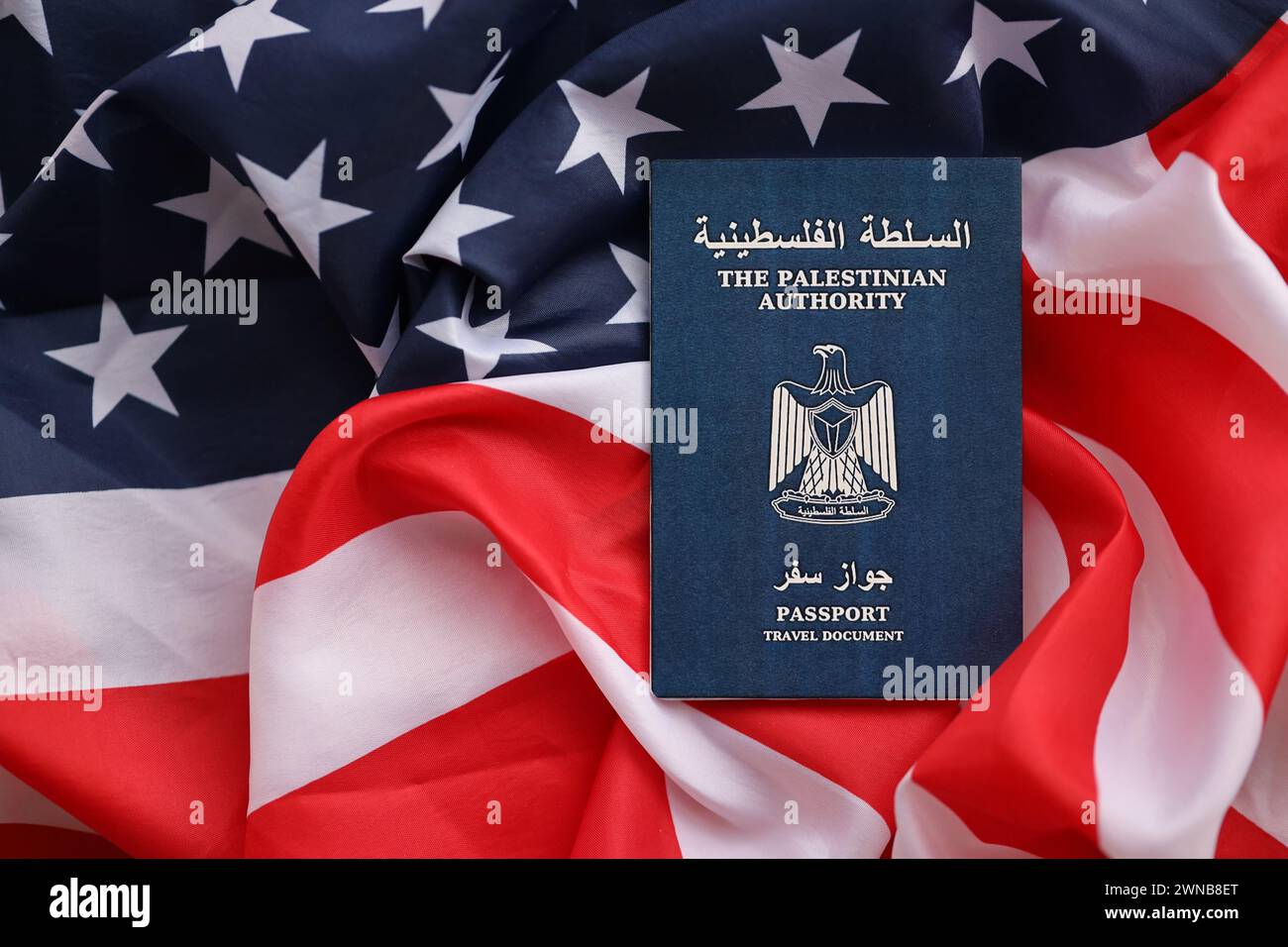 Blue Palestinian Authority Passport On United States National Flag 8003