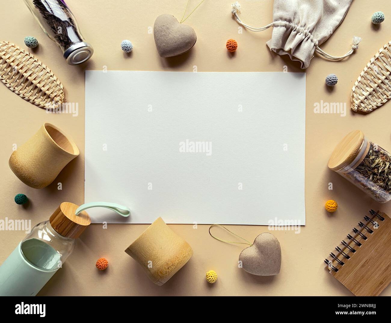 Zero waste tea background. Frame on pale yellow paper background with ...