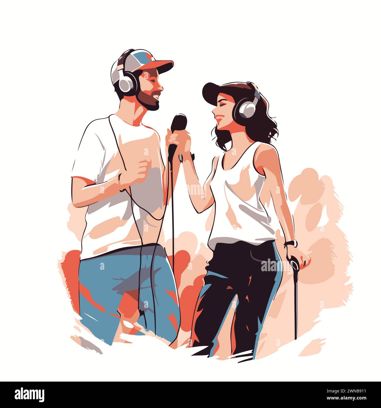 Young Couple Singing Karaoke Vector Illustration In Cartoon Style