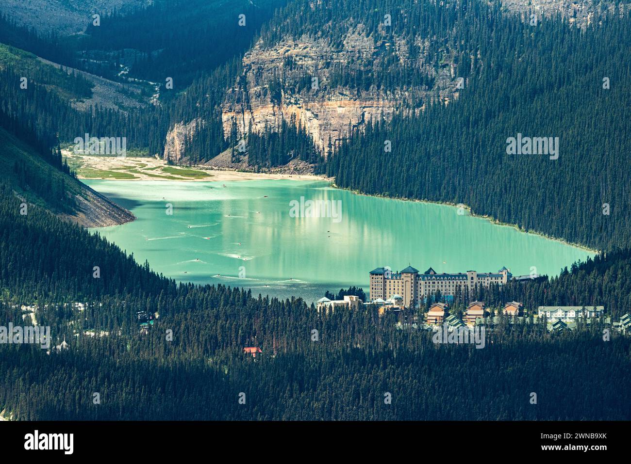 Iconic Lake Louise seen from a distance near the gondola with stunning ...