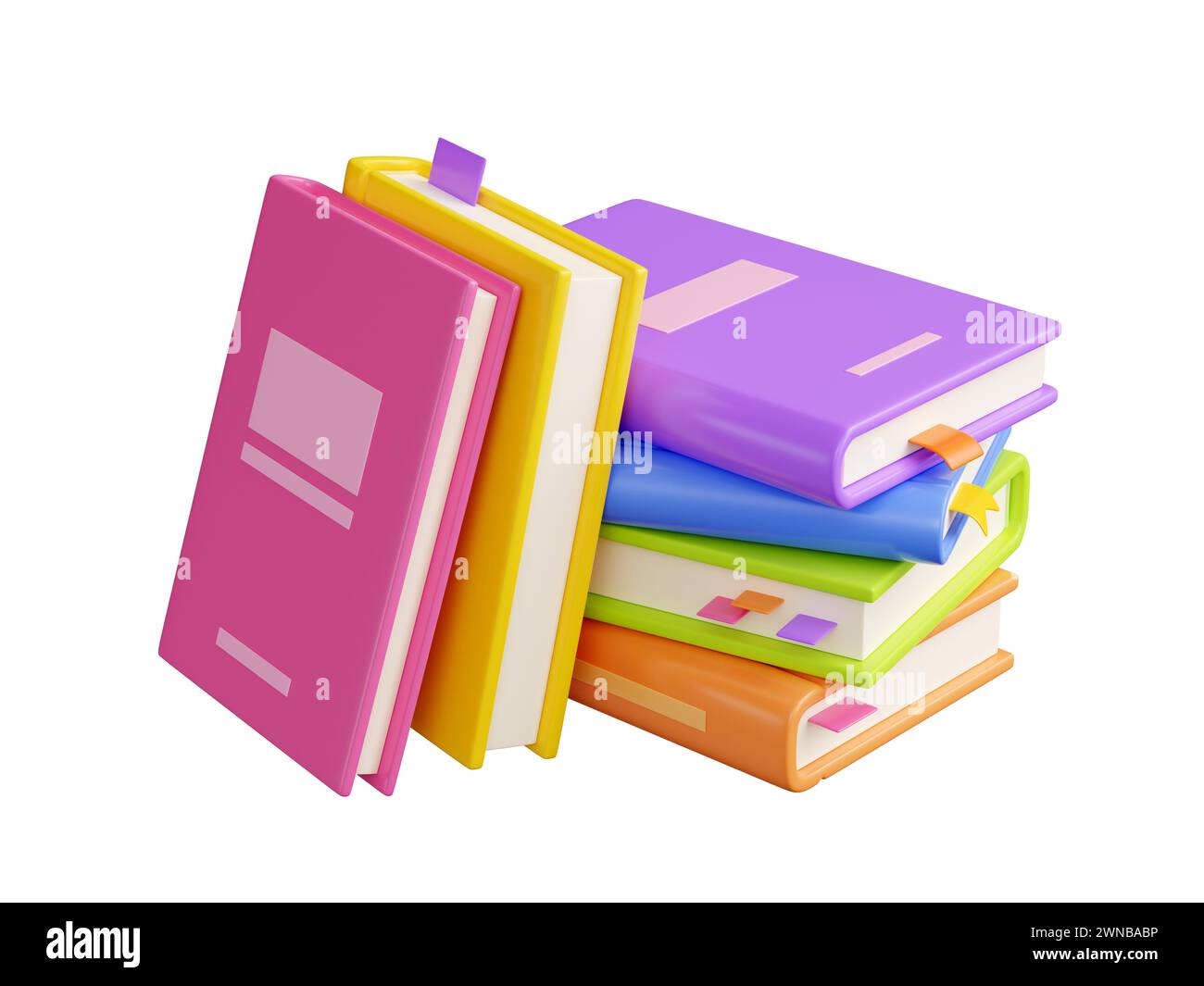 Pile of paper books with hard cover and bookmarks lay and stand. 3D ...