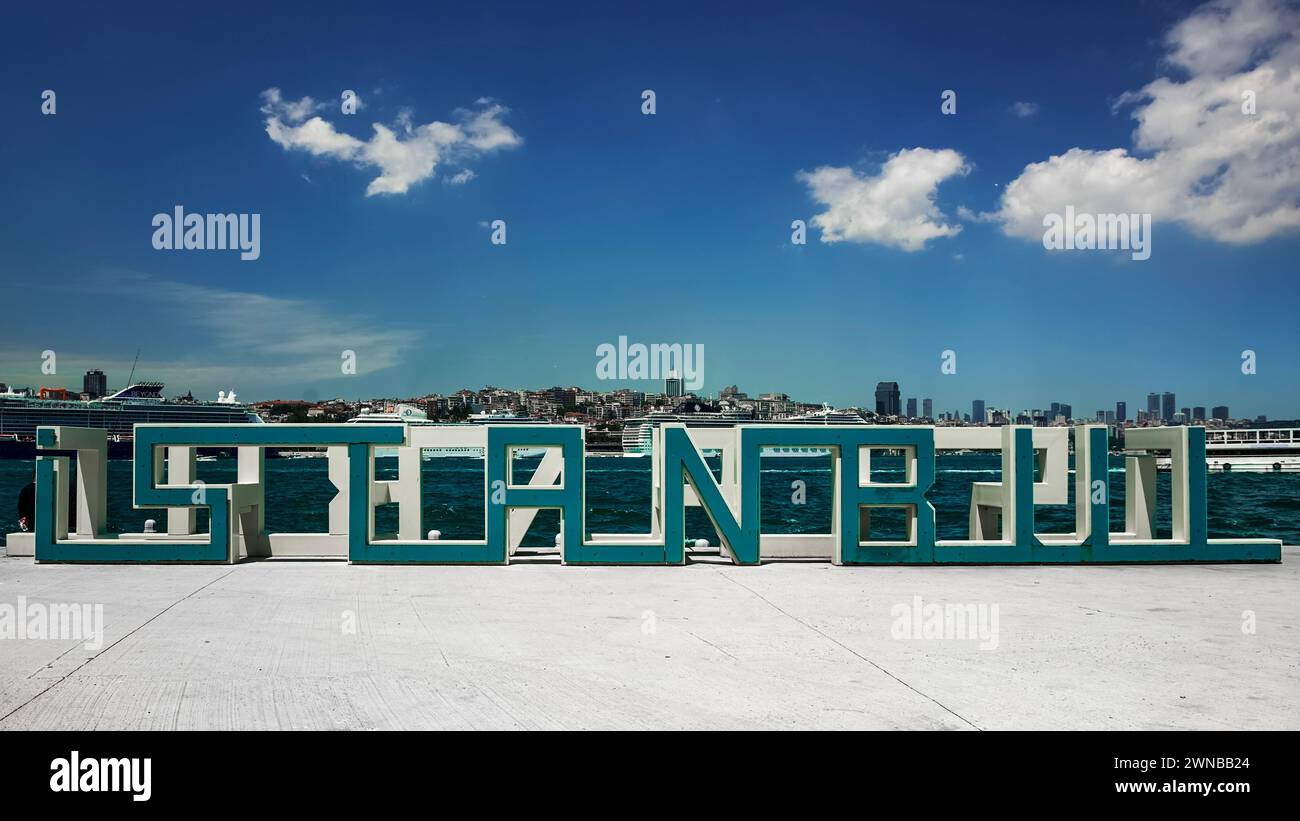 the stylized writing Istanbul installed on the waterfront of the city ...
