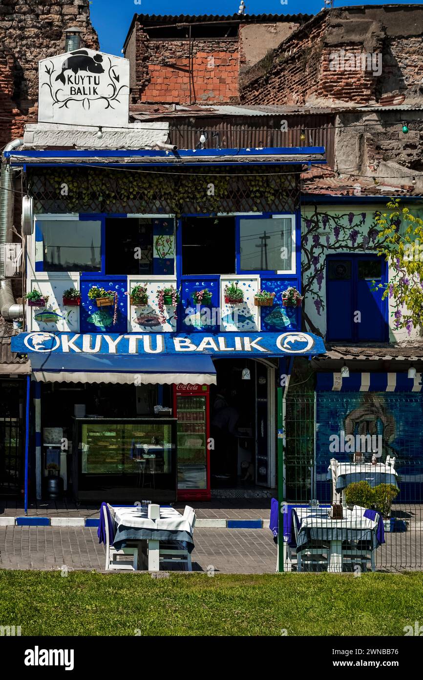 facade of a typical turkish seafood restaurant on the Galata Tower ...