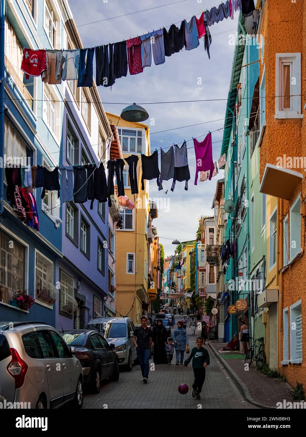a typical alley in Balat, Istanbul, with its bright colors and its ...