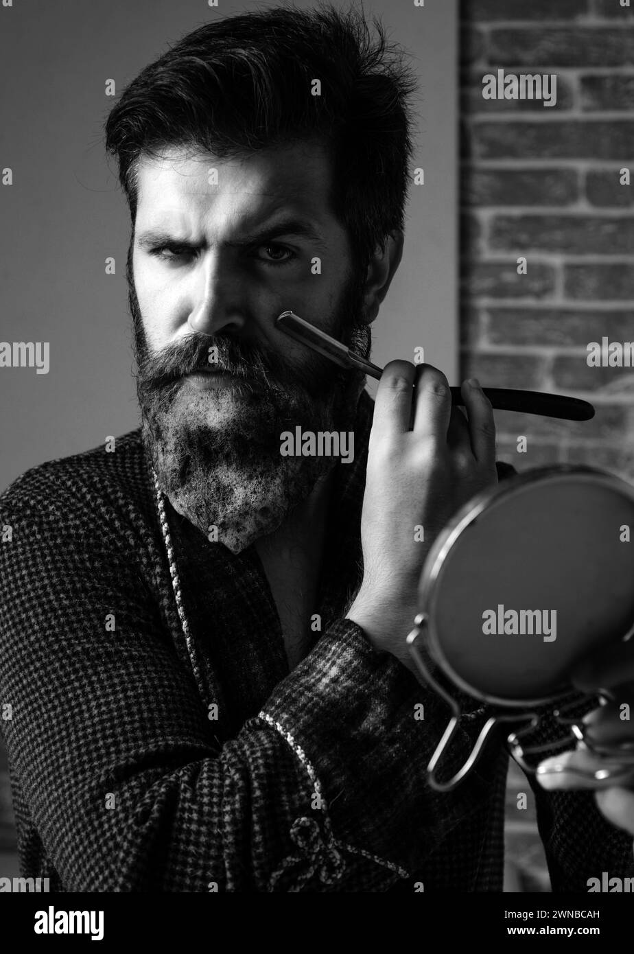 Hair Stylist and Barber. Senior man visiting hairstylist in barbershop ...