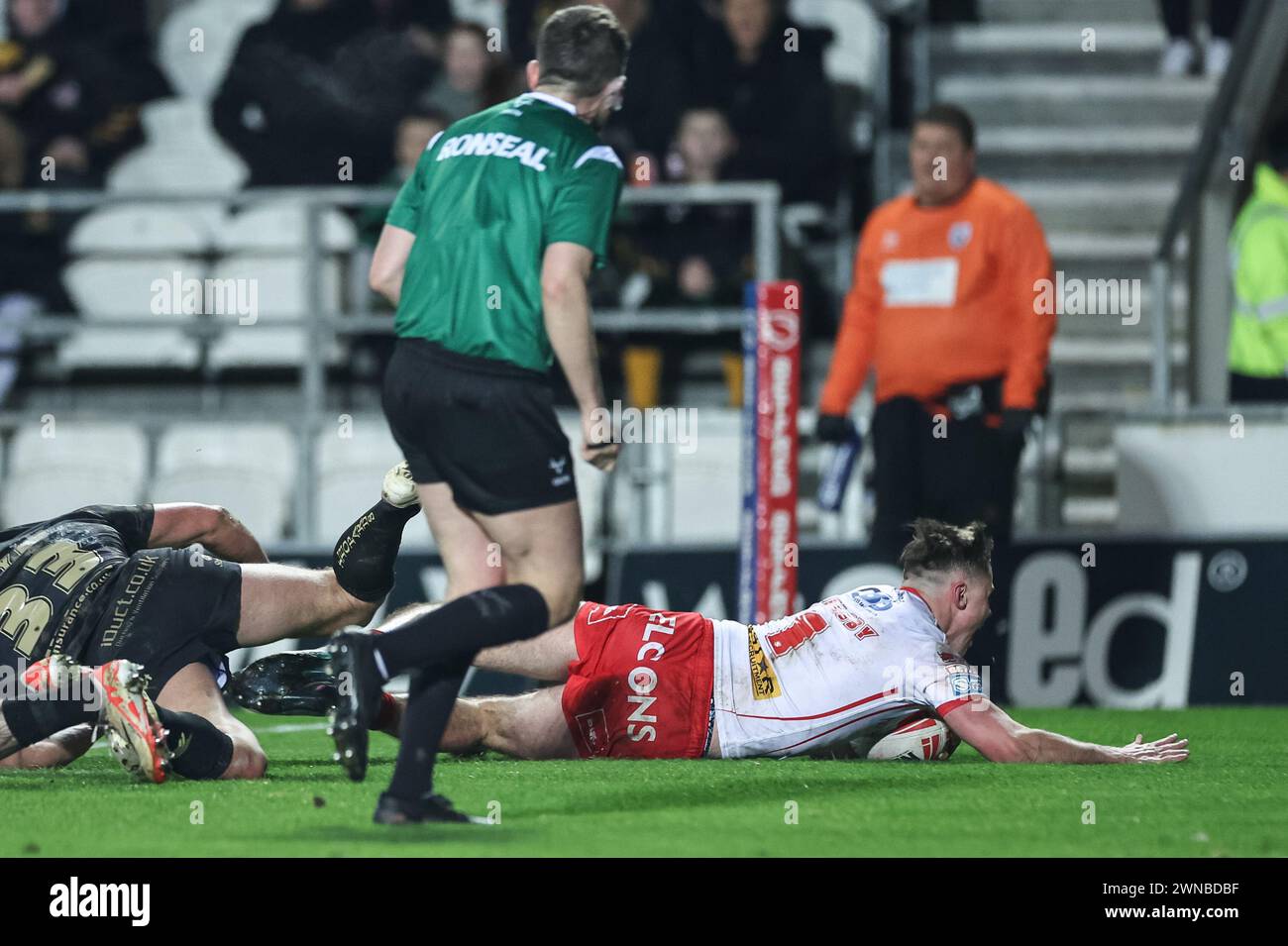 Jack Welsby of St. Helens goes over for a try during the Betfred Super ...