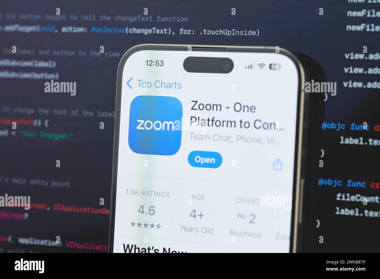 New York, USA - February 23, 2024: Zoom on iphone screen in blurred ...