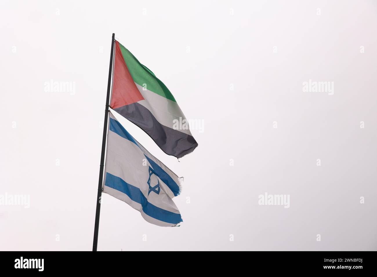 Two flags are flying side by side, one of which is the Israeli flag ...