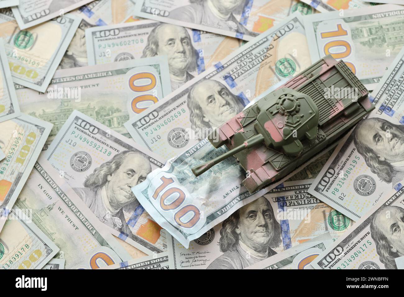 Tank on crumpled hundred dollar bills banknotes. Background of war ...