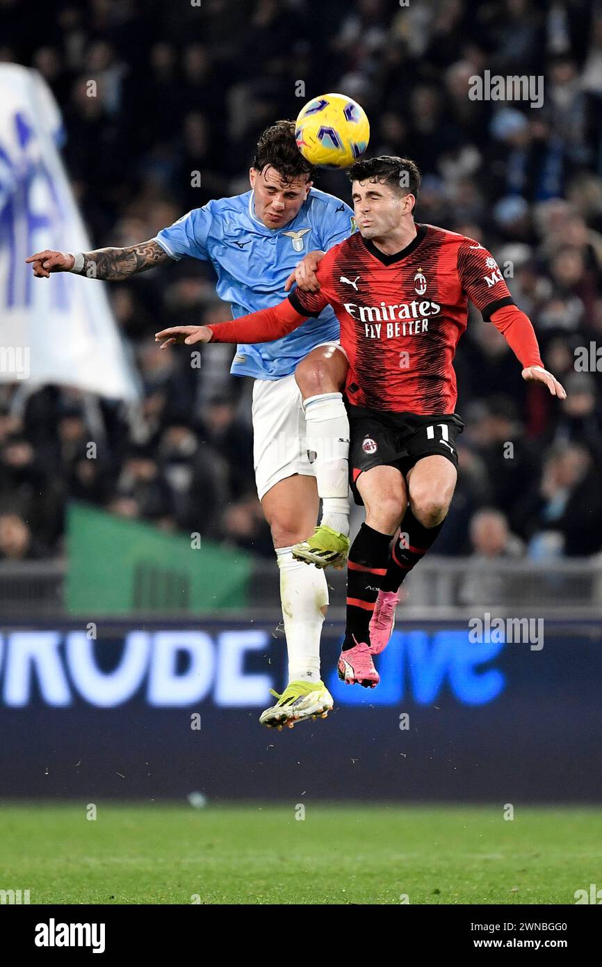 Rome, Italy. 01st Mar, 2024. Luca Pellegrini of SS Lazio and Christian Pulisic of AC Milan ...