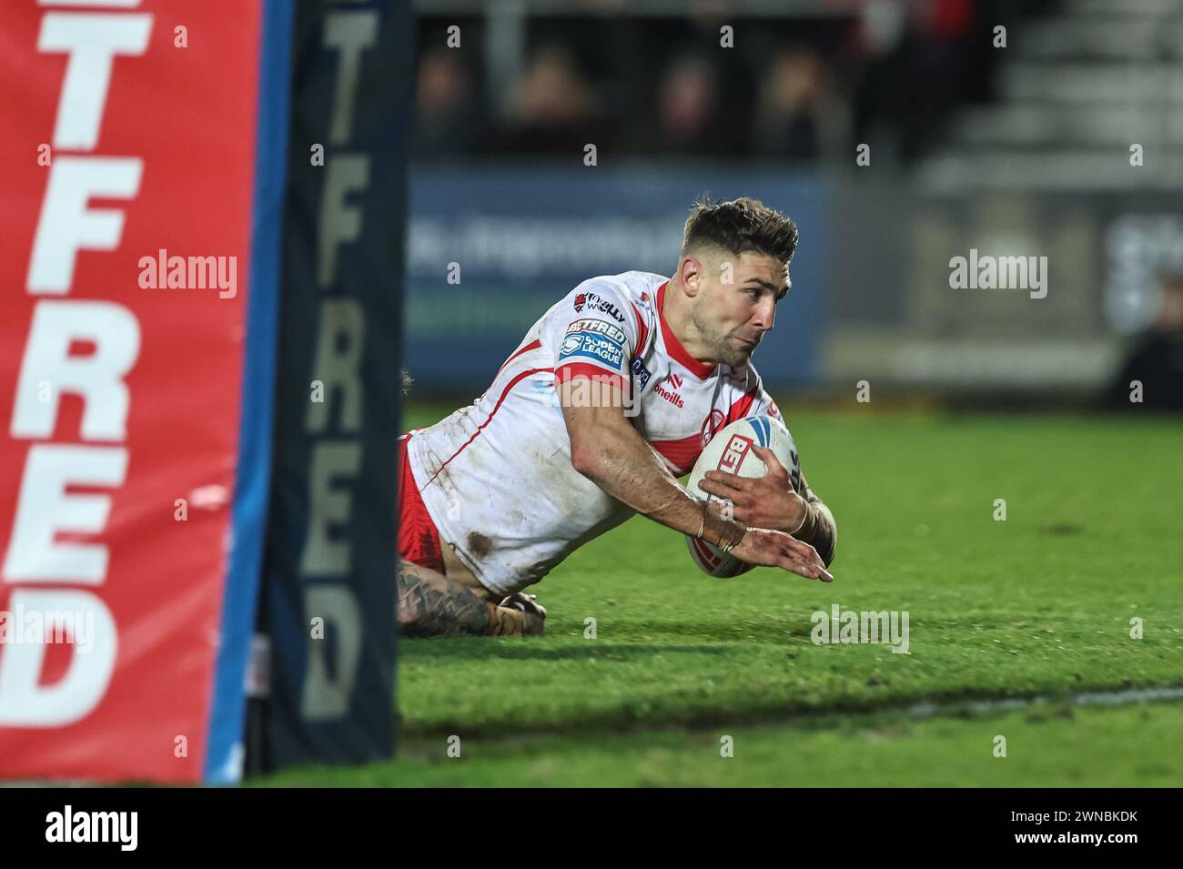 Tommy Makinson of St. Helens makes a 50 yard solo try during the ...