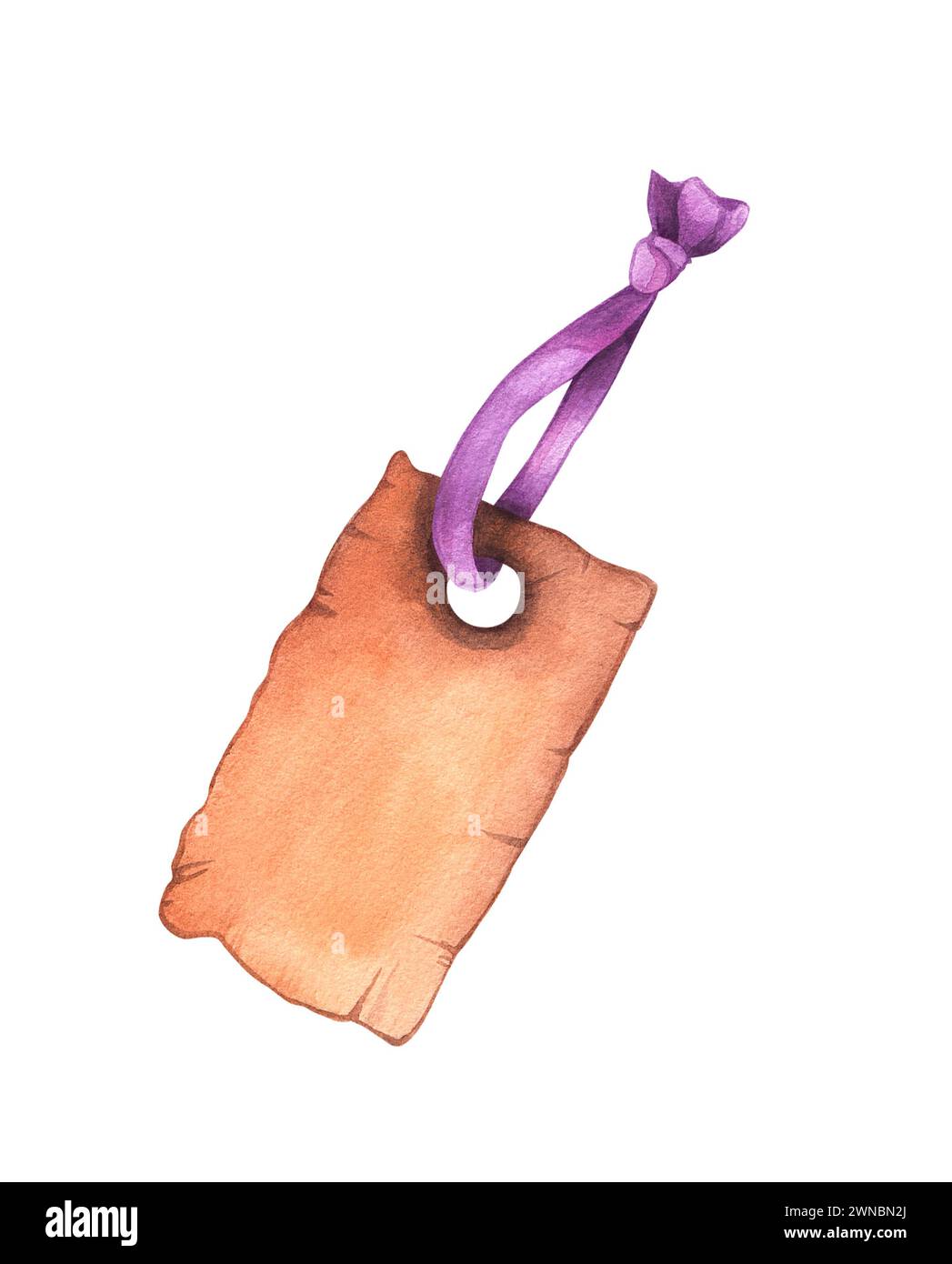 Watercolor craft tag with purple ribbon. Tag on white for design of ...