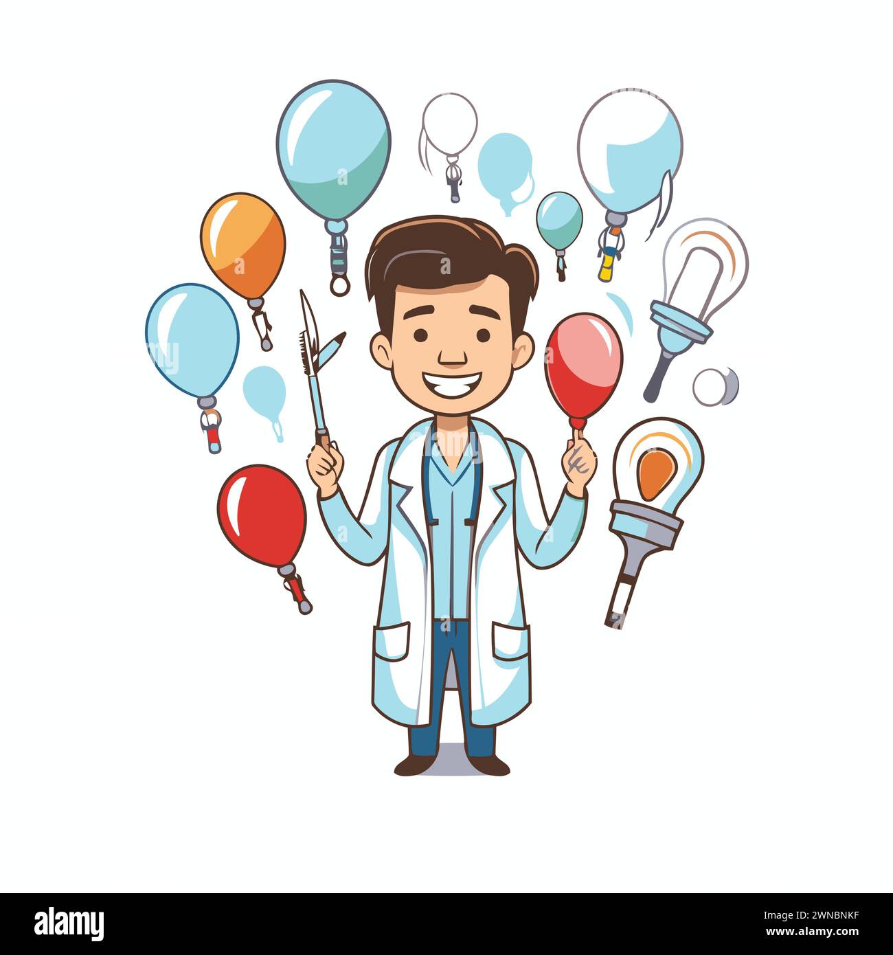 cartoon doctor holding a scalpel and balloons over white background ...